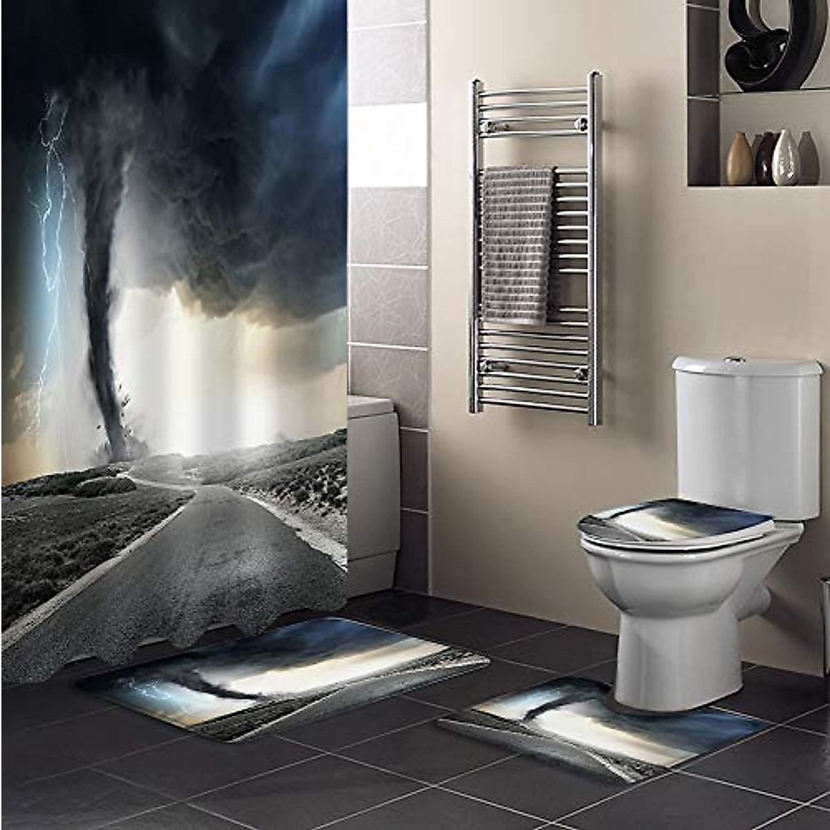 4 Pcs Shower Curtain Sets Tornado and Lightning Waterproof Fabic Bathroom Set with Non-Slip Rugs Toilet Lid Cover Bath Mat, Rolling On The Road Shower Curtain with Hooks -36x72 inch, Large
