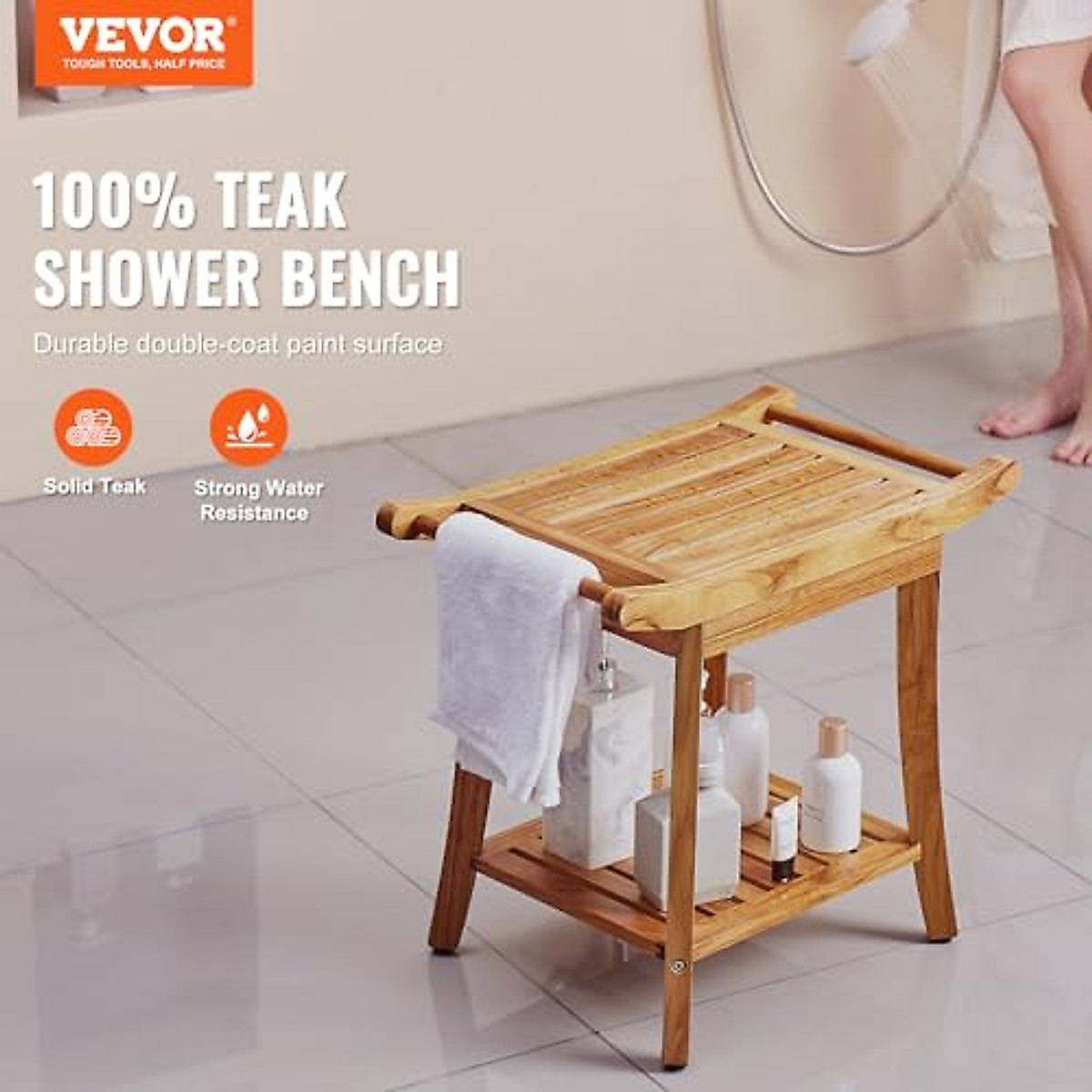 VEVOR Teak Shower Bench with Handles, 22in Waterproof Wood Shower Stool with Storage Shelf Non-Slip Feet, 300 lbs Load Capacity Shower Chair Seat, for Bathroom Indoor and Outdoor Use