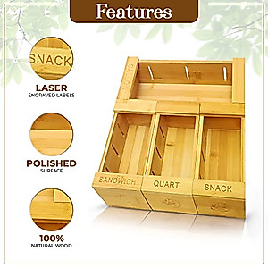 EGO VINA Ziplock Bag Storage Organizer – 4-in-1 Bamboo Ziplock Bag Organizer for Drawer – Baggie Organizer for Quart, Gallon, Snack, Sandwich Bags – Ziplock Bag Holder for Kitchen Drawer Organization