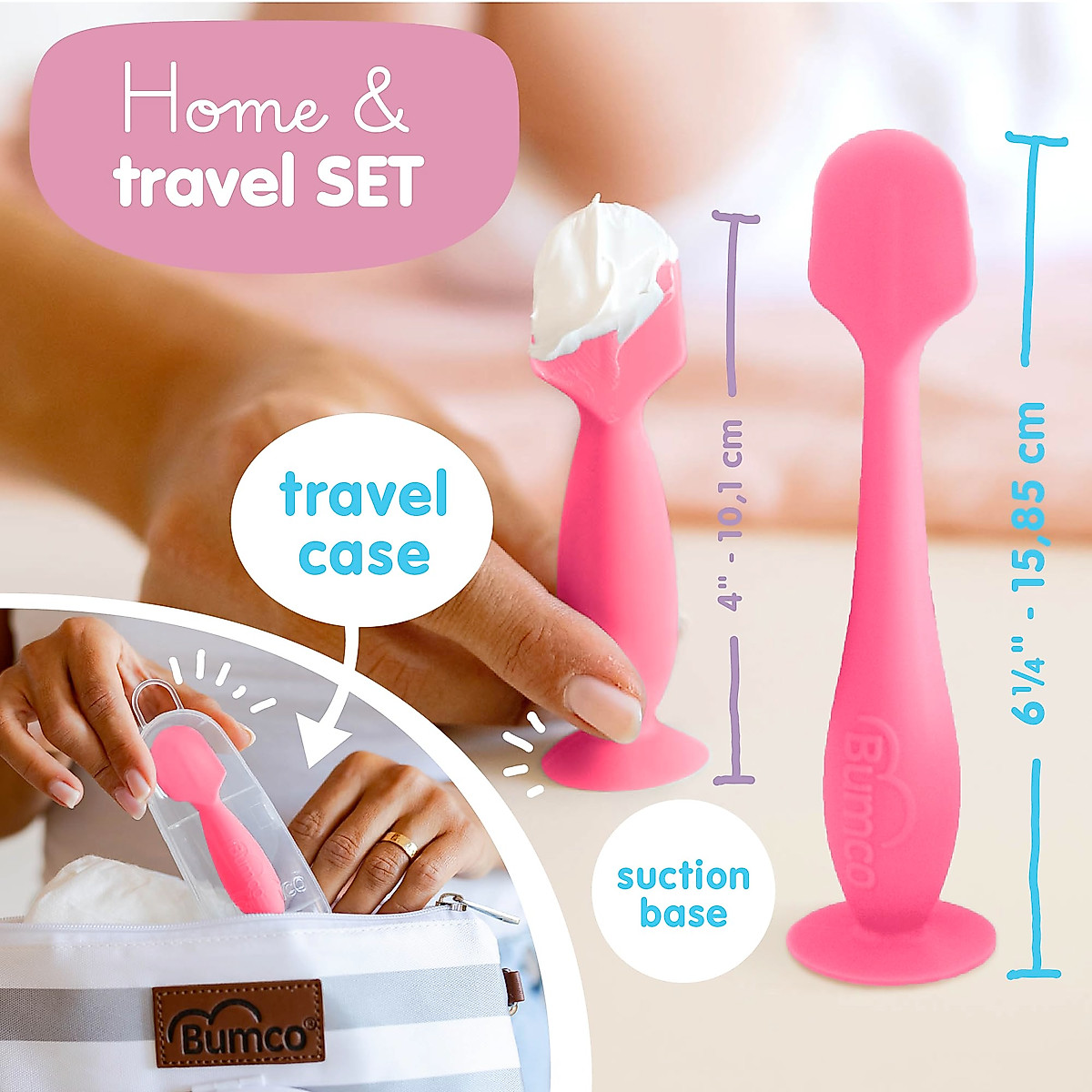 Bumco Baby Bum Brush + Mini Baby Diaper Cream Spatula with Case - BPA-Free Silicone Diaper Spatula with Suction Cup, Wipe-Clean, Mom-Invented Butt Paste Applicator (Pink & Pink)