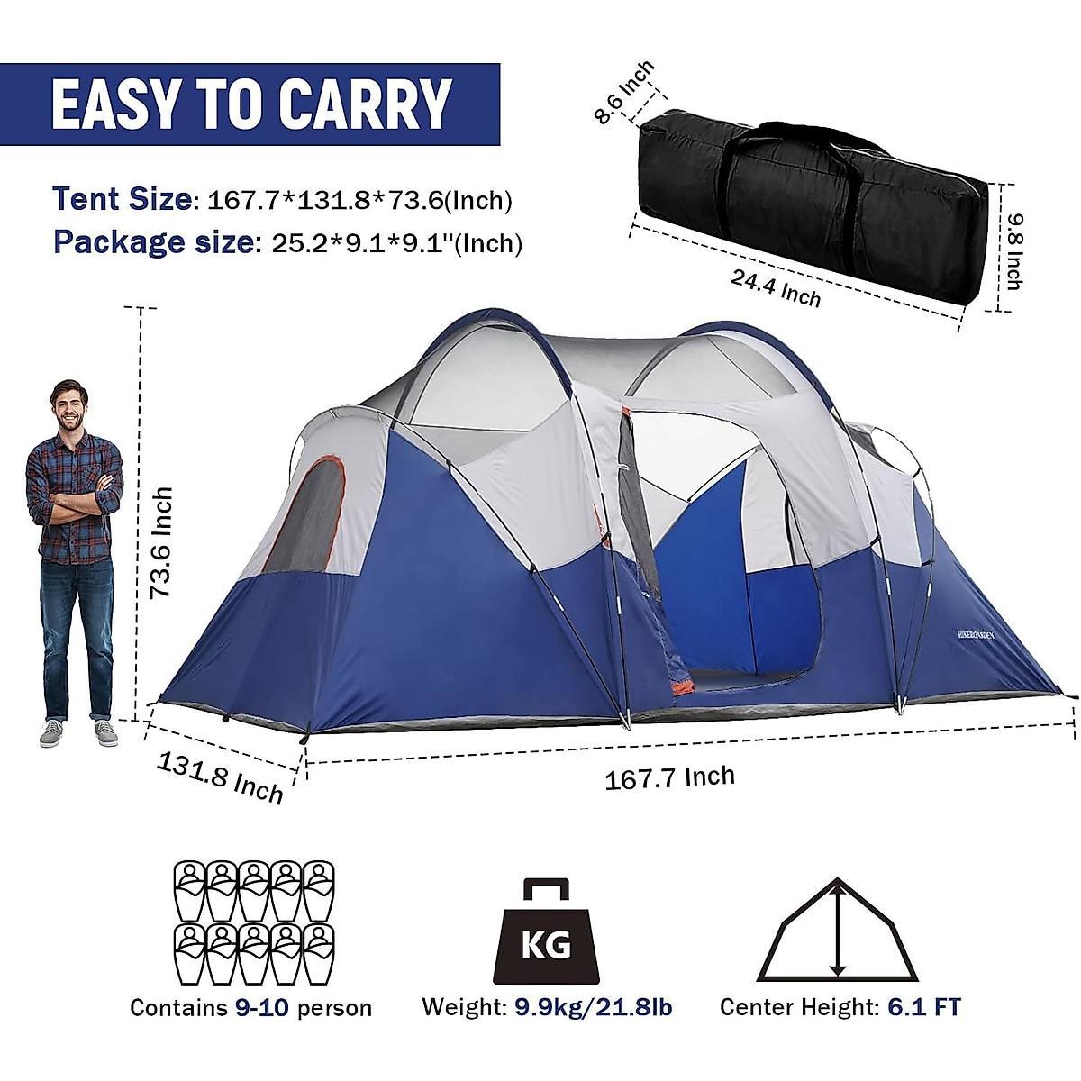 HIKERGARDEN 10 Person Camping Tent - Portable Large Family Tent for Camp, Windproof Fabric Dome Tent Outdoor for Hiking, Backpacking, Traveling (Blue)