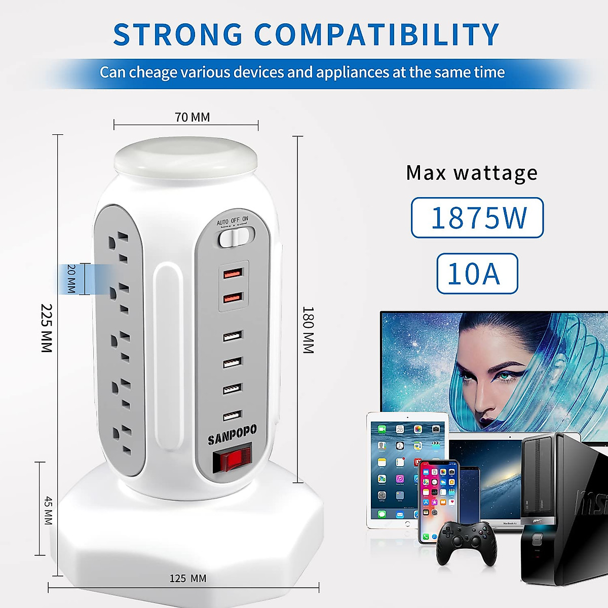 Power Strip Tower Surge Protector with RBG Light, SANPOPO Desktop Charging Tower, 15 Outlets 6 USB Ports, 900Joules 6.5 ft Retractable Cord,Multiple Protections for Home Office Dorm Room (1875W/10A)