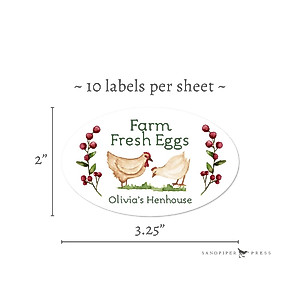 Egg Carton Labels - Custom oval personalized stickers, hens and red berries, 3.25" x 2", 10 per sheet