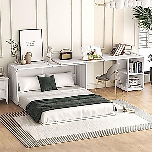 DaiNNCN Foldable Murphy Bed Queen Size with Rotating Desk and Storage Shelves,Space-Saving-White