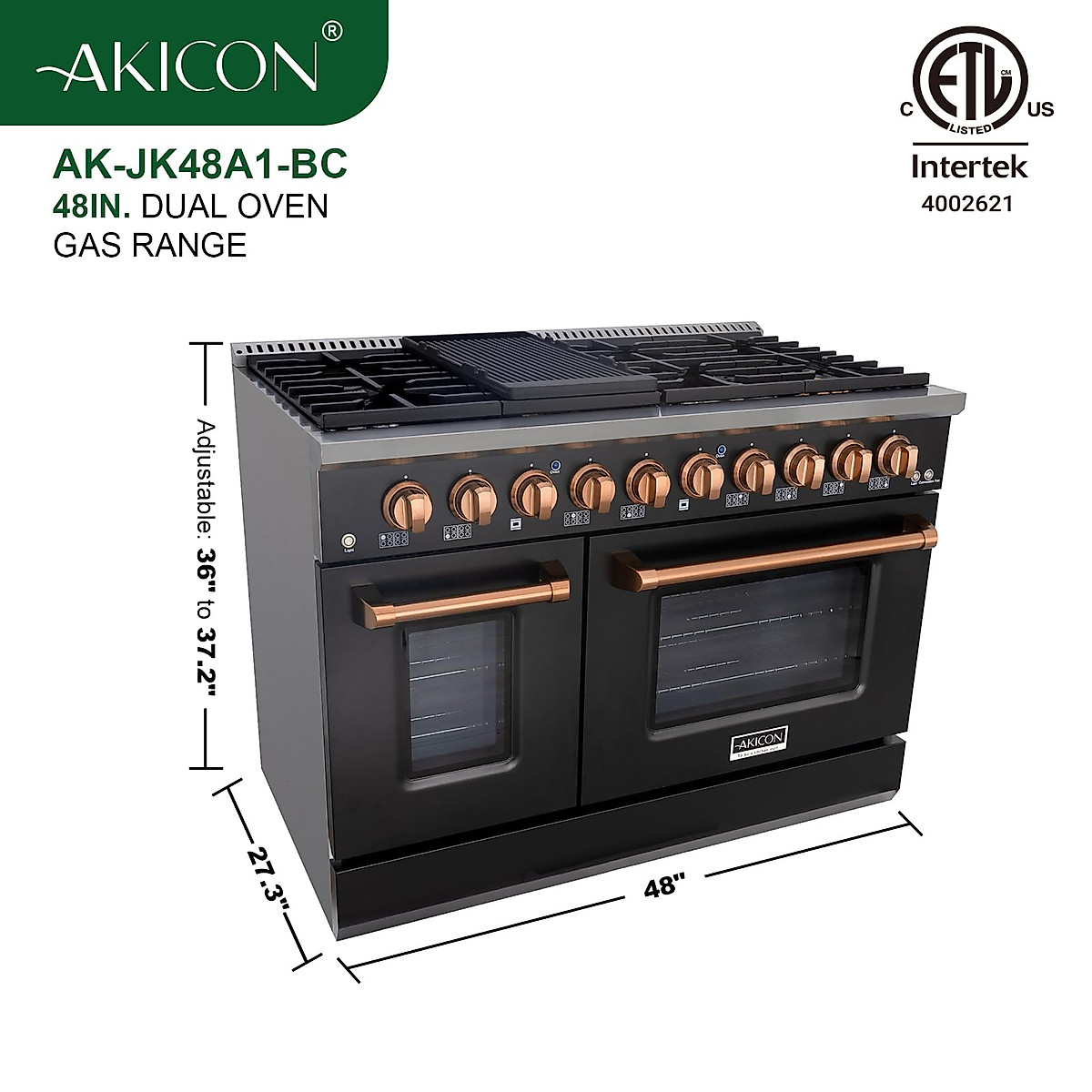 Akicon 48" Slide-in Freestanding Professional Style Gas Range with 6.7 Cu. Ft. Oven, 8 Burners, Convection Fan, Cast Iron Grates, & Blue Porcelain Oven Interior, In Black with Copper