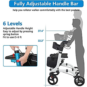 Healconnex Rollator Walkers for Seniors-Folding Rollator Walker with Seat and Four 8-inch Wheels-Medical Rollator，White