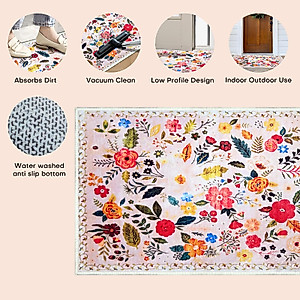2 Pcs Washable Indoor Doormat 18" x 30" Non Slip Floral Floor Mat Area Rug Absorbent Entrance Rug Distressed Rug, Accent Throw Rug for Bedroom Kitchen Entryway Bathroom(Beige, 18" x 30")
