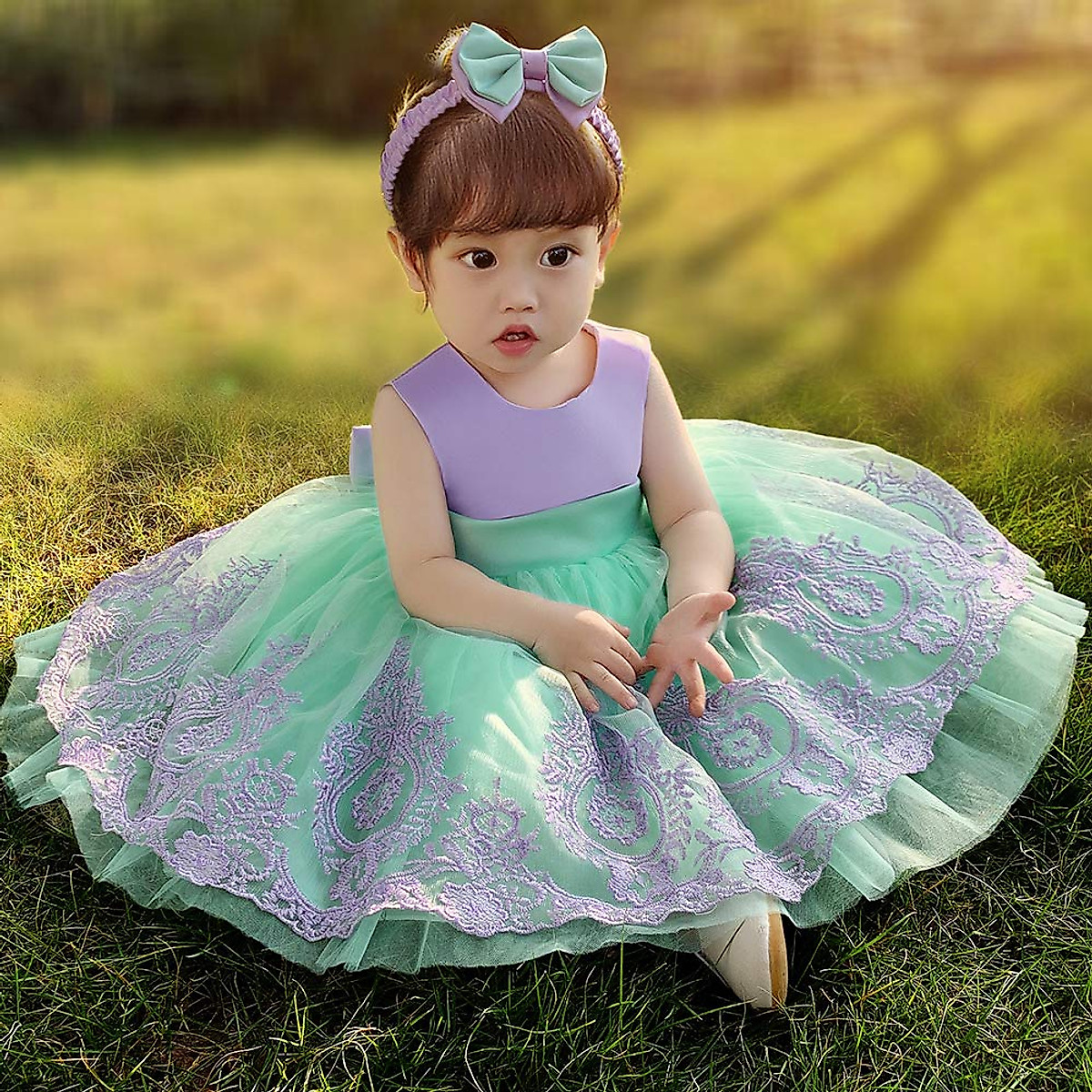 Baby Girls Embroidery Dresses Toddler Lace Ruffles New Year Easter Tutu Dress with Headwear (Purple+Green,80)