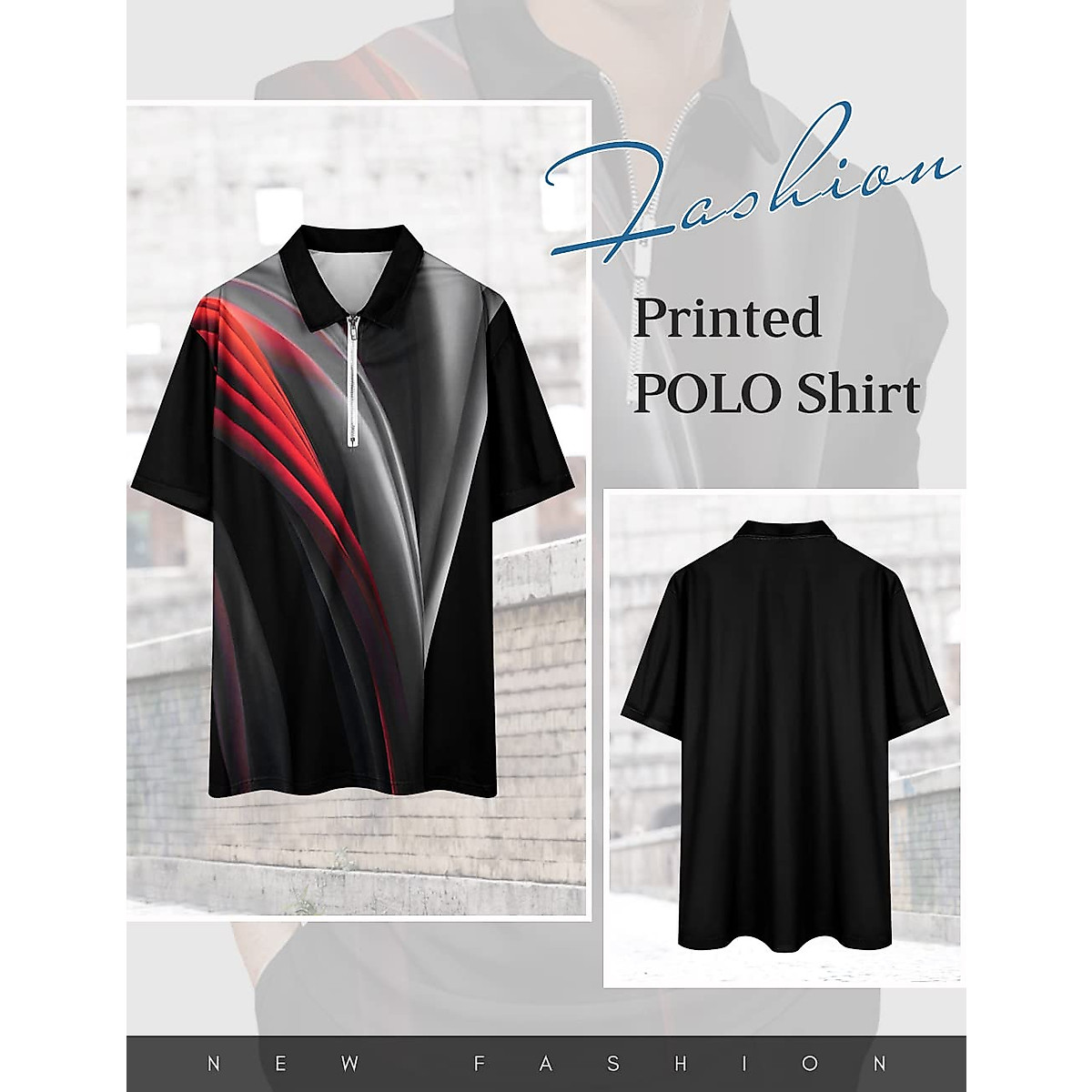 Hodaweisolp Men's Short Sleeve Zipper Casual Slim Fit Printed Golf Polo Shirt Tops Black Gradient-L