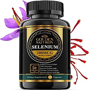 Golden Saffron Selenium (200mcg Selenium & 88.5 mg Saffron Extract) - to Support Overall Health, Thyroid Function, Prostate Health - Non-GMO & Gluten-Free - from USA - & Tasteless