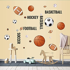 Supzone Sport Balls Wall Stickers Boys Wall Decals Basketball Soccer Baseball Football Hockey Wall Decor Boys Playroom Bedroom Classroom Living Room
