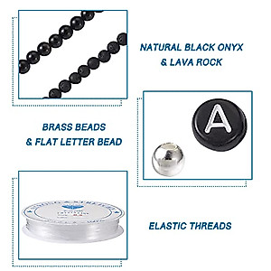 Pandahall 360-380Pcs Natural Black Onyx Lava Rock Gemstone Beads 8mm Healing Crystal Round Stones with A-Z Letter Spacer Beads Elastic String for Adults Diffuser Essential Oils Bracelets Making