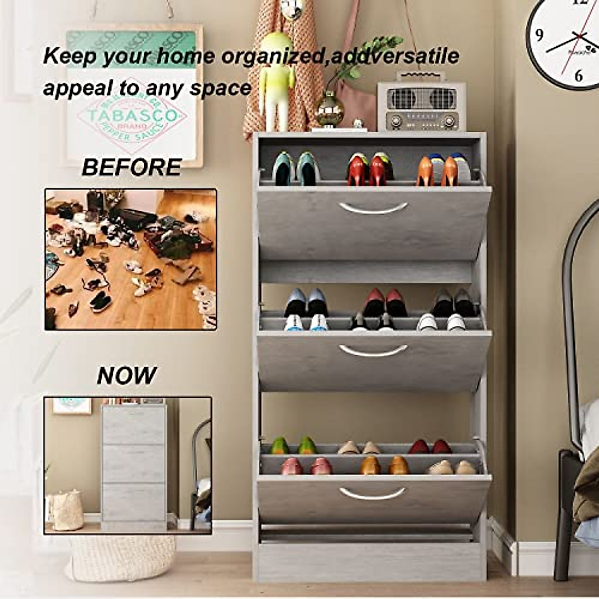 DiDuGo Shoe Cabinet with 3 Flip Drawers, Slim Shoe Storage Cabinet for Entryway Grey (22.4”W x 9.4”D x 42.1”H)