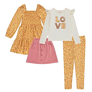 BTween Girls' 4-Pack Outfit: Dress, Skirt, Tee, Leggings, 95% Cotton, 5% Spandex, Sizes 4-12