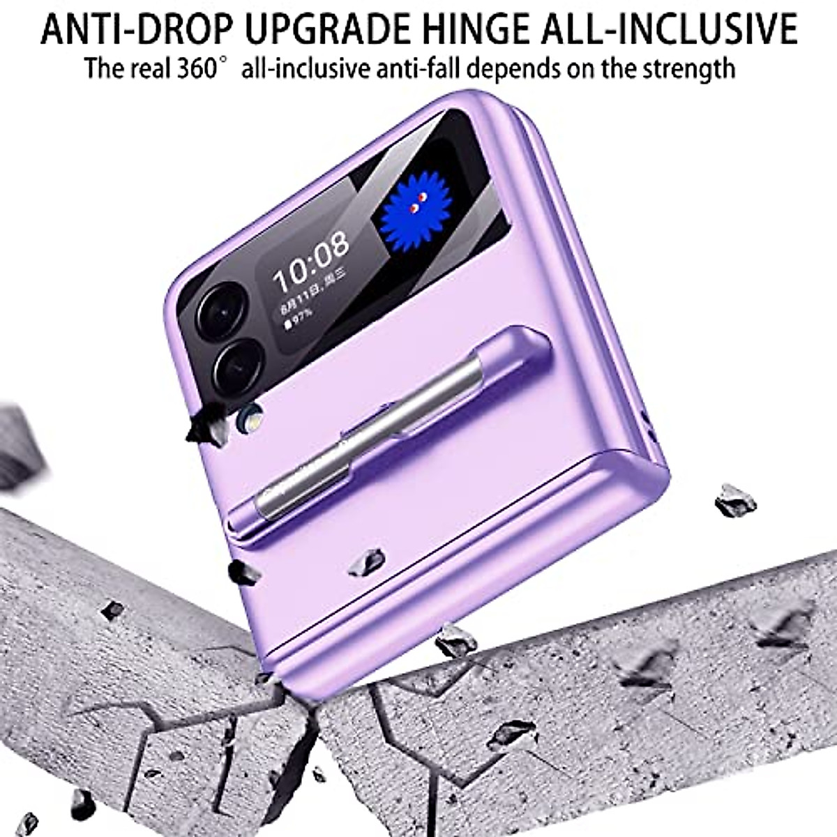 COCOING for Samsung Galaxy Z Flip 3 Case,with Stylus Fashion Business Phone case,with Hinge Protection Device and Camera Screen Protector,Case for Samsung Z Flip 3 5G（Purple）