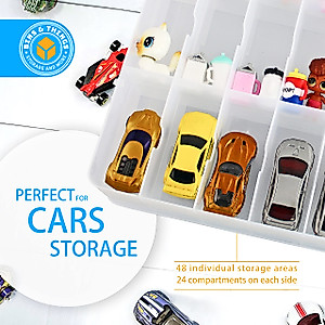 Bins & Things 48 Slot Toys Organizer - Compatible with Calico Critter, Hot Wheels, Tsum Tsum, MatchBox - Plastic Storage Display Case with Carrying Handle - Collection Box - 13.5x11.7x3.2 Inches