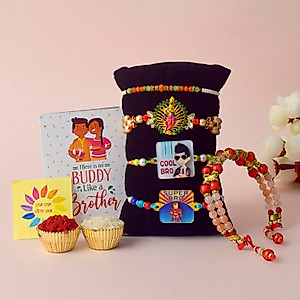 SATVIK 5 Pc Set of Designer Rakhi for Brother Bhaiya & Bhabhi Family Set with Lumba Loomba Rakhi for Bhai with Roli Chawal, Soun Sticker & Greeting Card Handmade Thread Rakhdi Gift Set, Rakhi Thread