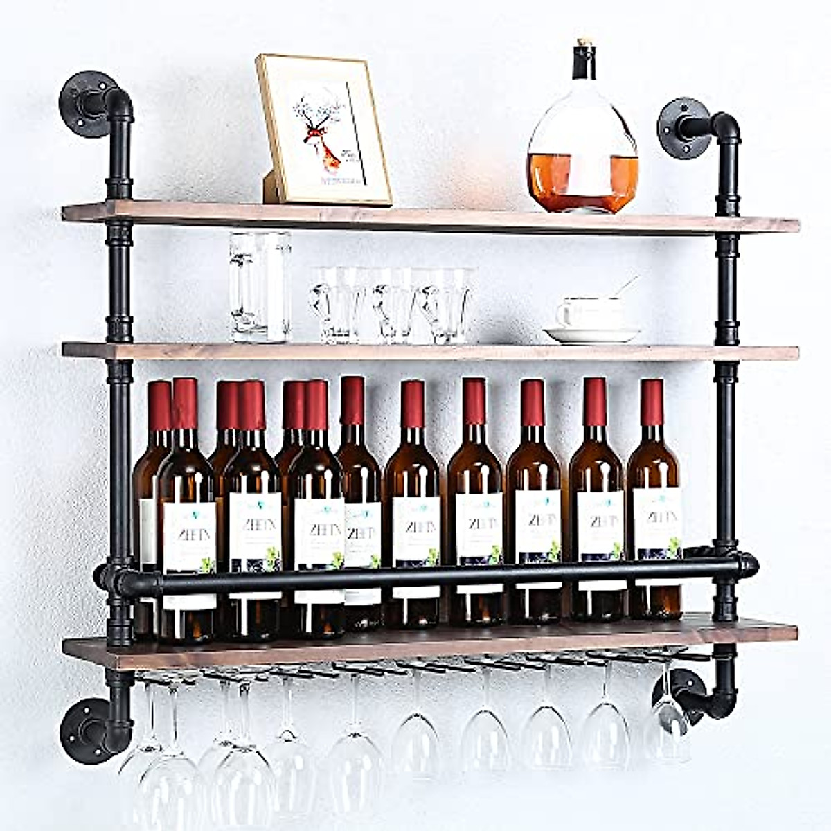 Industrial Pipe Shelf Wine Rack Wall Mounted with 9 Stem Glass Holder,3-Tiers Rustic Floating Bar Shelves Wine Shelf,36in Real Wood Shelves Wall Shelf Unit,Steam Punk Pipe Shelving Wine Glass Rack