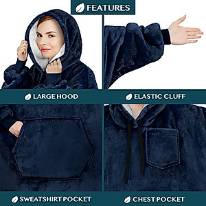 PAVILIA Blanket Hoodie for Women Navy, Sherpa Wearable Blanket Men, Cozy Oversized Sweatshirt Blanket, Warm Fleece Hooded Blanket Sweater with Sleeves and Giant Pocket, Navy Blue