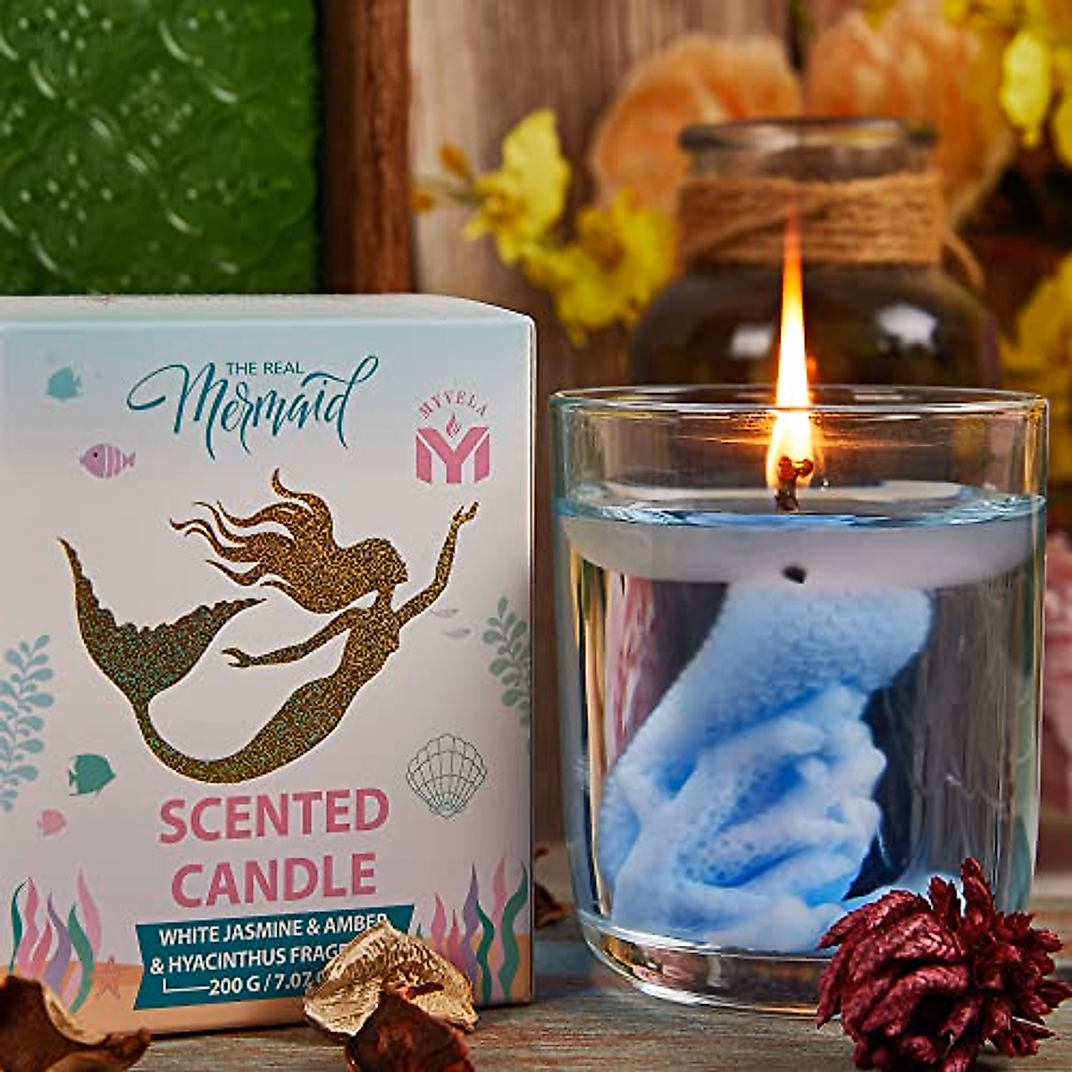 Scented Candle,Gift for Women,Natural no Toxic Jelly Gel Organic Jasmine Scented Candle,Amber and Soy Wax Mermaid Jar Candle for The Family for Decoration,Birthday Gift Idea,7.07 oz