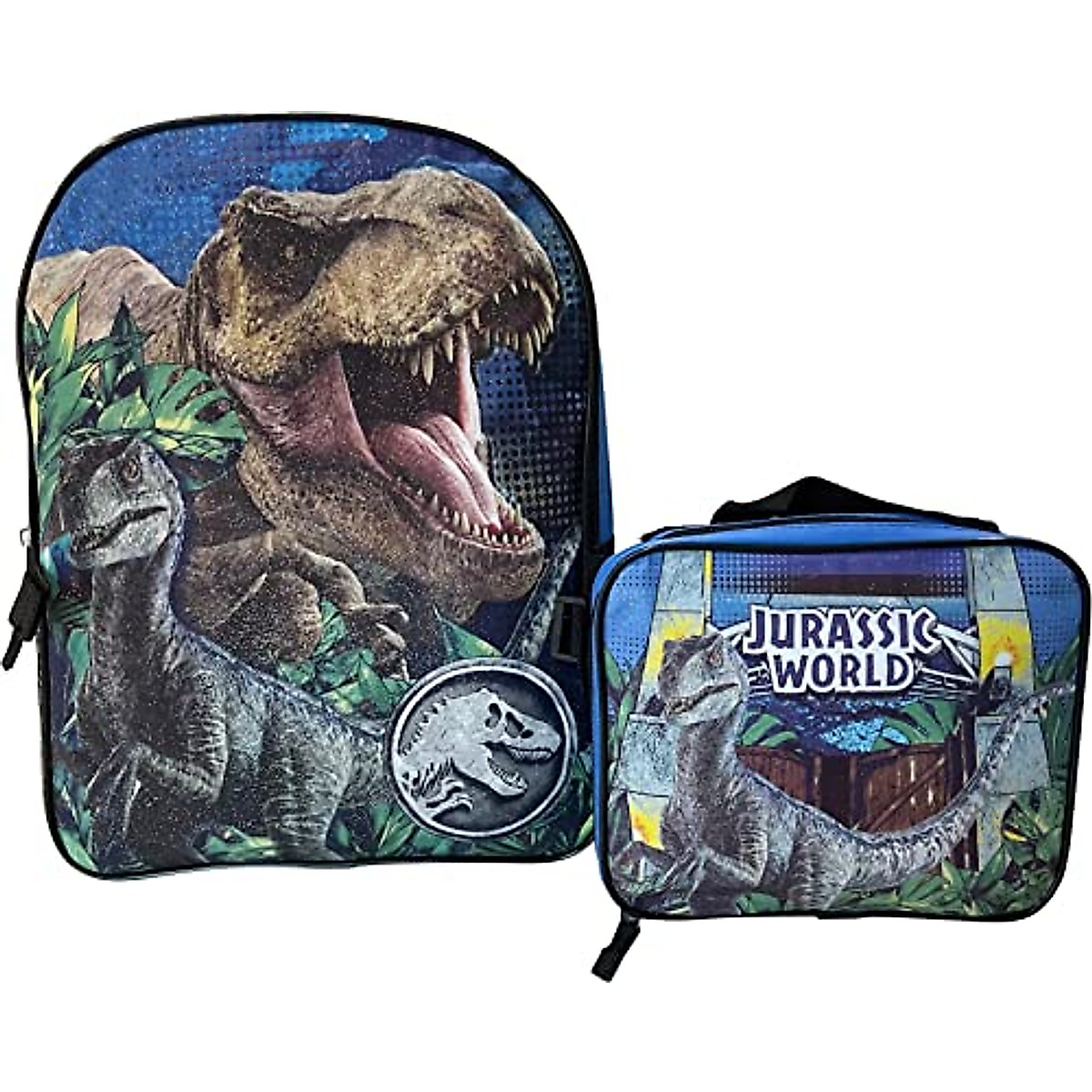 Jurassic World 15 Inch Kids Backpack With Removable Lunch Box Set (Blue-Black)