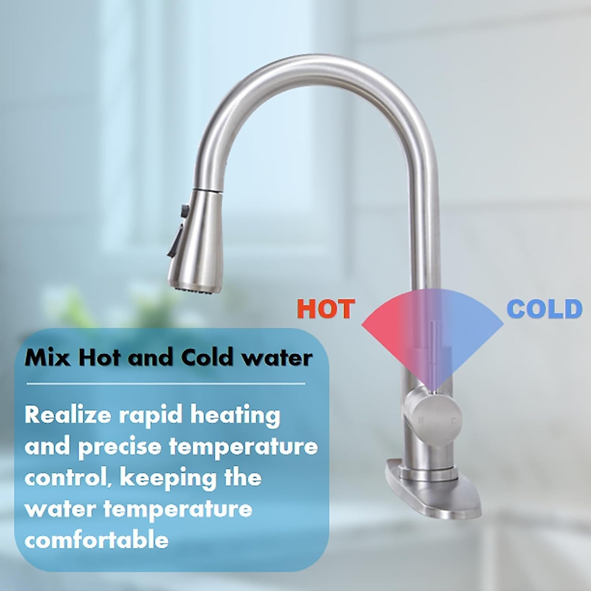 HOTIS Kitchen Faucet with Pull Down Spray, High Arc Commercial Brushed Nickel Kitchen Sink Faucets, Small RV Stainless Steel Single Handle Pull Out Faucet for Kitchen Sink with Deck Plate