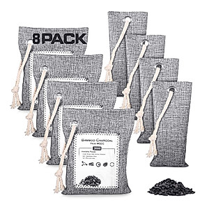 WGCC Bamboo Charcoal Air Purifying Bag 8 Pack, Activated Charcoal Bags Odor Absorber, Natural Car Air Freshener, Moisture Absorber for Closet, Shoe, Car, large Room, Pet Safe (4x75g, 4x200g)