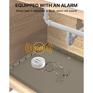 Under Sink Mat, Waterproof Silicone Mat with Water Leak Sensor Alarm, 34" x 22" Kitchen Cabinet Mat, Under Sink Liner Holds up to 3.7 Gallons Liquid(Brown)