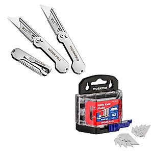 WORKPRO Folding Utility Knife, 3-Pack EDC Foldable Pocket Utility Knife Sets&WORKPRO 50-Pack Utility Knife Blades with Dispenser