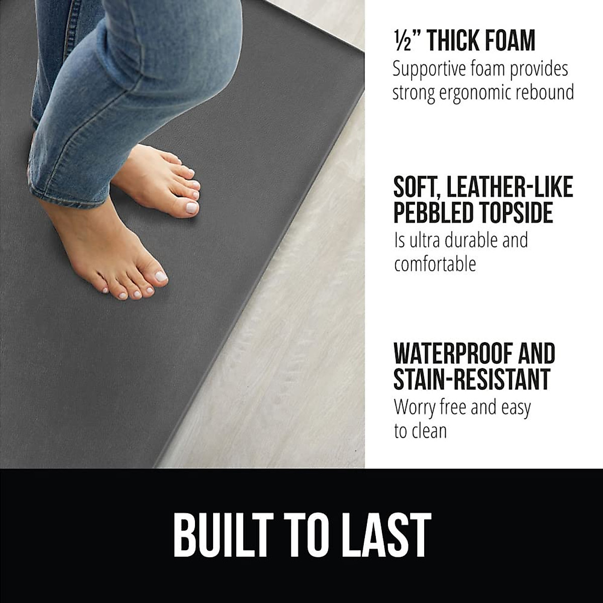 Gorilla Grip Set of 2 Anti Fatigue Cushioned Waterproof, Stain and Scratch Resistant Kitchen Floor Mats, Ergonomic Standing Office Desk Mat, Supportive Padded Memory Foam Rugs, 17x24 + 17x48 Charcoal