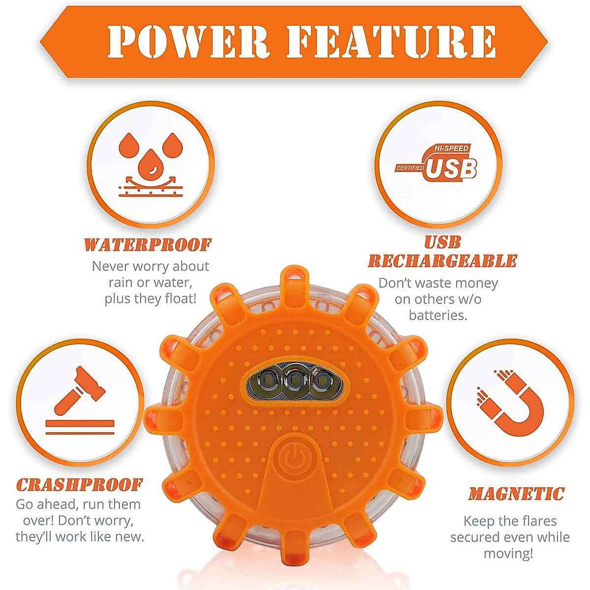 Ecoangel USB Rechargeable LED Road Flares Emergency Lights-Roadside Warning Car Safety Beacon Flashing Disc Flare Kit with Magnetic Base for Vehicles & Boat | 3 Beacon Disc Pack