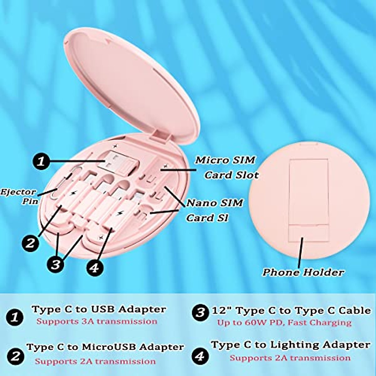 Multi USB Charging Adapter Cable Kit, USB C to Lighting Adapter Box, Conversion Set USB A & Type C to Male Micro/Type C/Lightning, Data Transfer, Card Storage, Tray Eject Pin, Phone Holder (Pink)