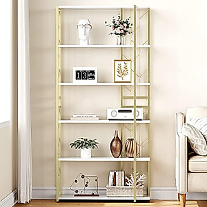 Bookshelf 6 Tier Bookcase Modern Storage Rack Shelf Tall Standing Bookshelves Gold Vintage Rectangular Wood Finish Solid