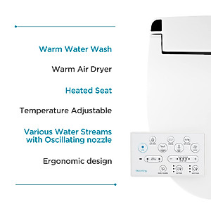 Blooming NB-R1260E Bidet Toilet Seat with Premium Water Filtration System, Fits Elongated Toilets, Sittable Lid