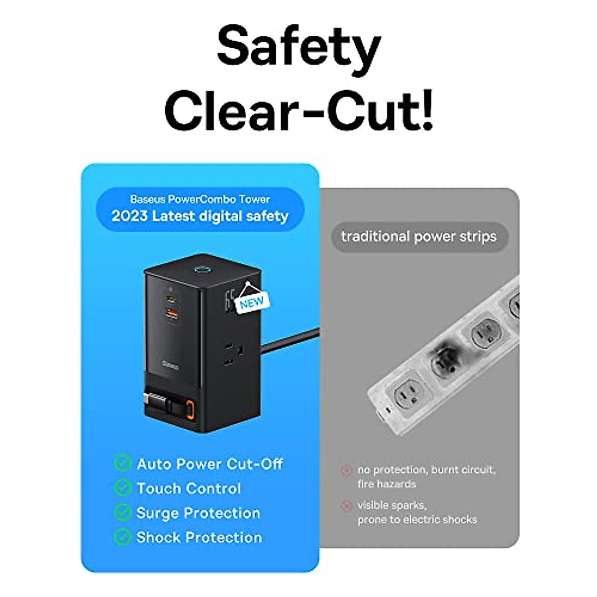 USB C Charger Baseus PowerCombo Tower 65W, 6-in1 Charging Station with Retractable USB-C Cable, 3 Outlets, USB A USB C Ports, Surge Protector Power Strip for MacBook, iPhone, Laptop, Multiple Devices