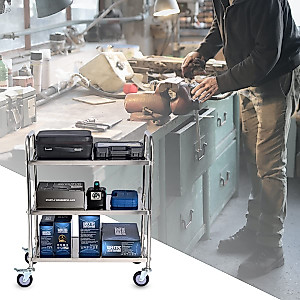 Amarite 3 Shelf Stainless Steel cart，420 lbs，1MM Thick，Serving cart with Wheels, Household, Service Trolley,360°Rotation Storage Shelf with Locking Wheels（29.5*15.8*37.4）'' Stainless Utility cart.