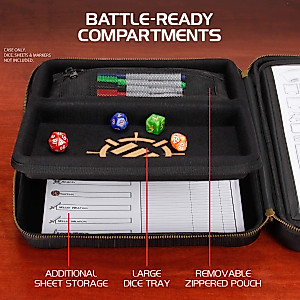 ENHANCE RPG Organizer Case - DND Binder with Built-in Character Sheet Holder and Erasable Scribe Panel, Dice Rolling Area, Removable Pen Pouch, Miniature Foam Tray, Wrist Strap, and More (Black)