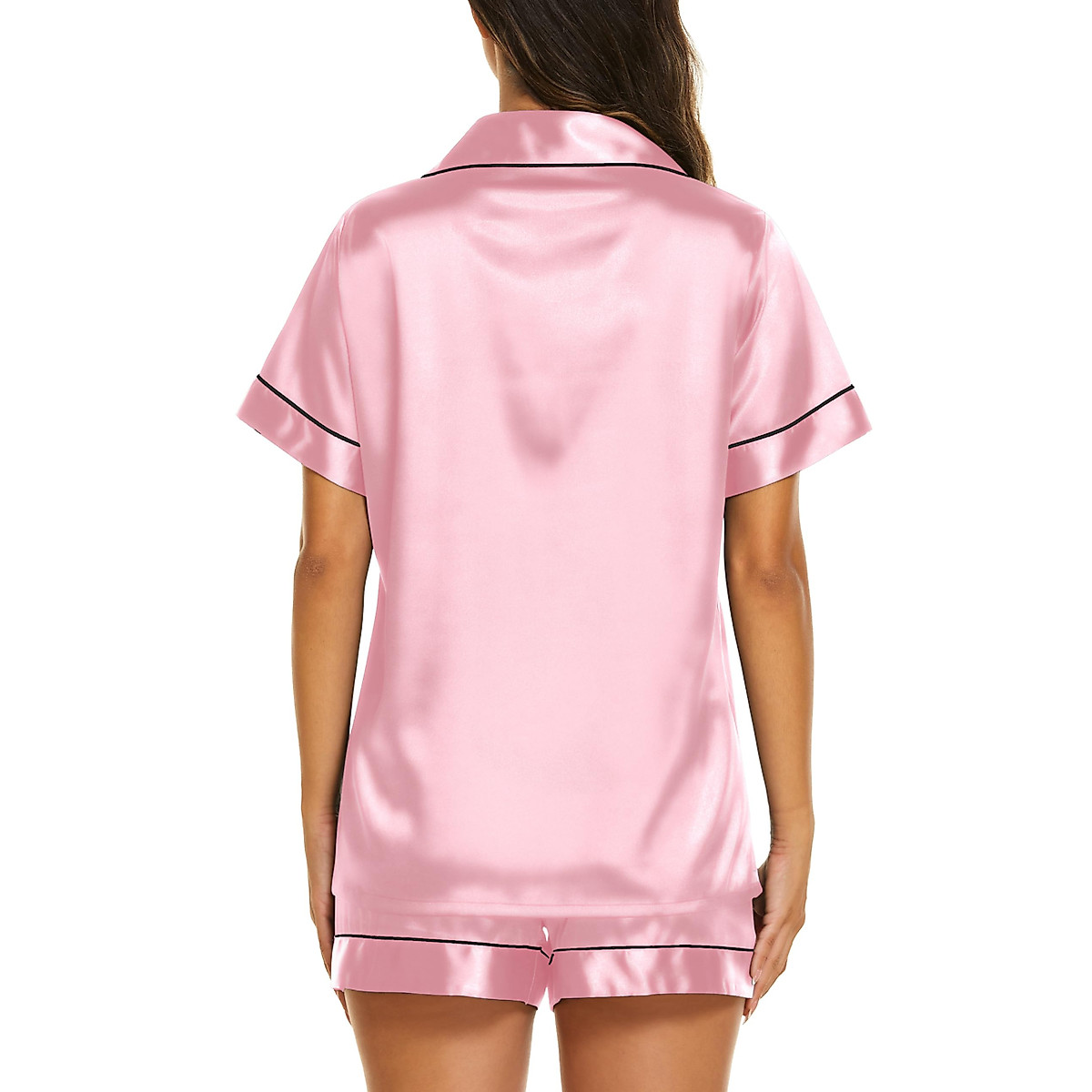 Ekouaer Silk Pajamas for Women Summer Silky Button Up Sleepwear Satin Short Sleeve Loungewear Pjs Shorts Set,Pink,Small