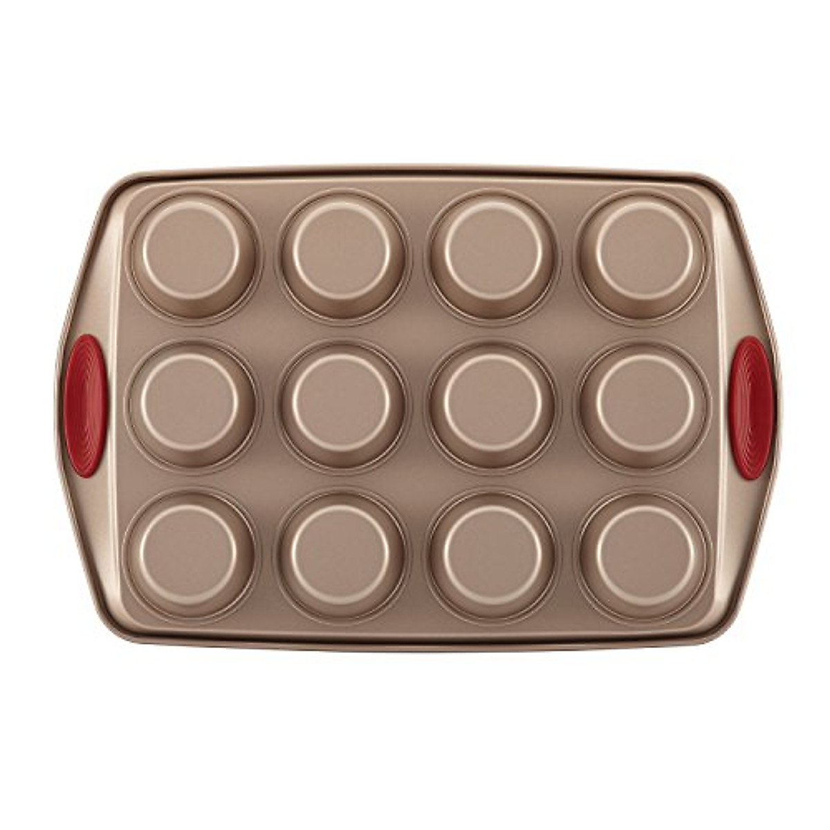 Rachael Ray Cucina Nonstick Bakeware Set Baking Cookie Sheets Cake Muffin Bread Pan, 10 Piece, Latte Brown with Cranberry Red Grips