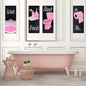 Chinco 4 Pcs Women Funny Wall Art Bathroom Decor Glam Bathroom Wall Decor Black and White Glam Bathroom Wall Arts Modern Women Funny Bathroom Wood Hanging Decors for Home Bathroom (Pink,Sweet)