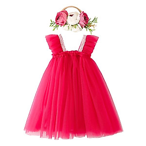 Baby Tutu Dress Boho Flower Girl Dresses Rainbow Tutu Dress Summer Backless Sundress Toddler Fly Sleeve Layered Tulle Skirt Set with Flower Headband Birthday Photography Outfit Yellow 18-24 Months