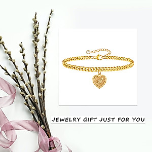 GLIJWELE Initial Gold Charm Bracelets for Women, 14k Gold Filled Cuban Gold Charm Bracelet for Women Heart Initial C Bracelet Gold Charm Bracelet Gold Jewelry Gifts for Women