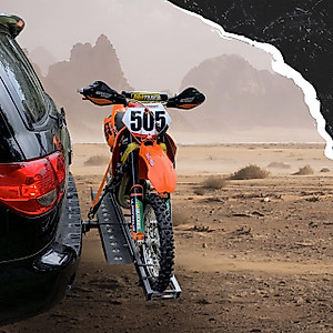 Mockins 500 lb Capacity Anti Tilt Motorcycle Hitch Carrier Set | 73" Dirt Bike Hitch Hauler | Heavy Duty Steel Motorcycle Rack for Hitch | Dirt Bike Hitch Carrier & Ramp, Straps, Stabilizer