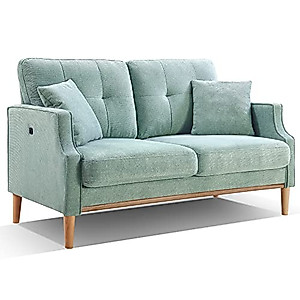 Plococo 56.7" Loveseat Sofa Couch with 2 Pillows, USB Charge Port and Solid Wood Frame and Legs, Waterproof Fabric Loveseats with Thickness Seat and Back Cushion for Small Aparment (Aqua)