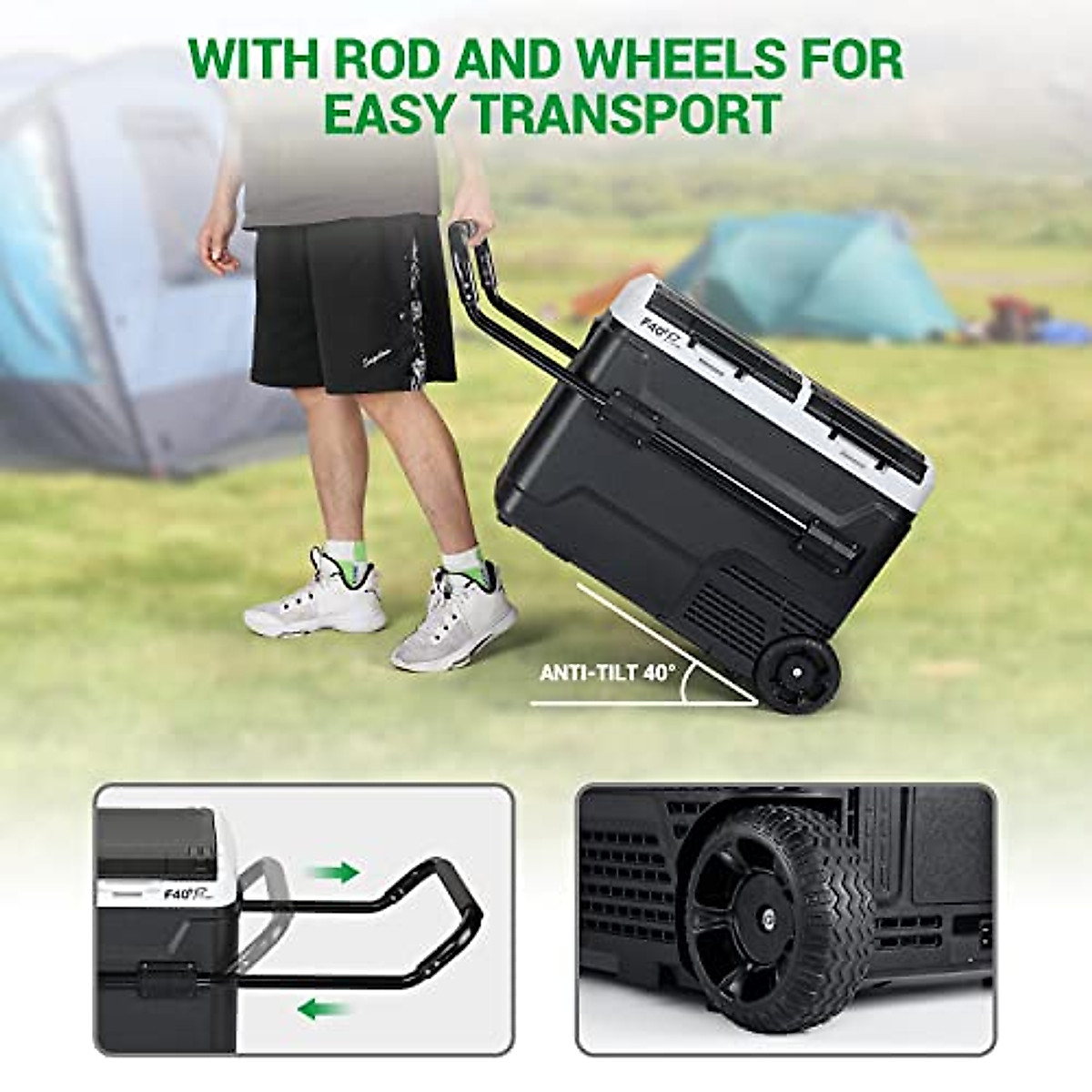 F40C4TMP 12 Volt Portable Refrigerator, 54 Quart Dual Zone Car Freezer With Independent Temperature Control, -4℉ to 68℉,51L Compressor Fridge With Wheels & 2 Baskets For Camping, Travel, Road Trip, Vehicle, Car, Truck, Van, RV, Outdoor and Home--12V/24V D
