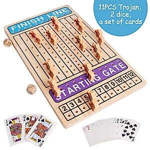 BEAUAM Horse Racing Board Game Wooden Challenge Toy Poker with 11 Durable Horses Dice & Cards for Kids Family Game Brain Teaser Gamble Game Chess