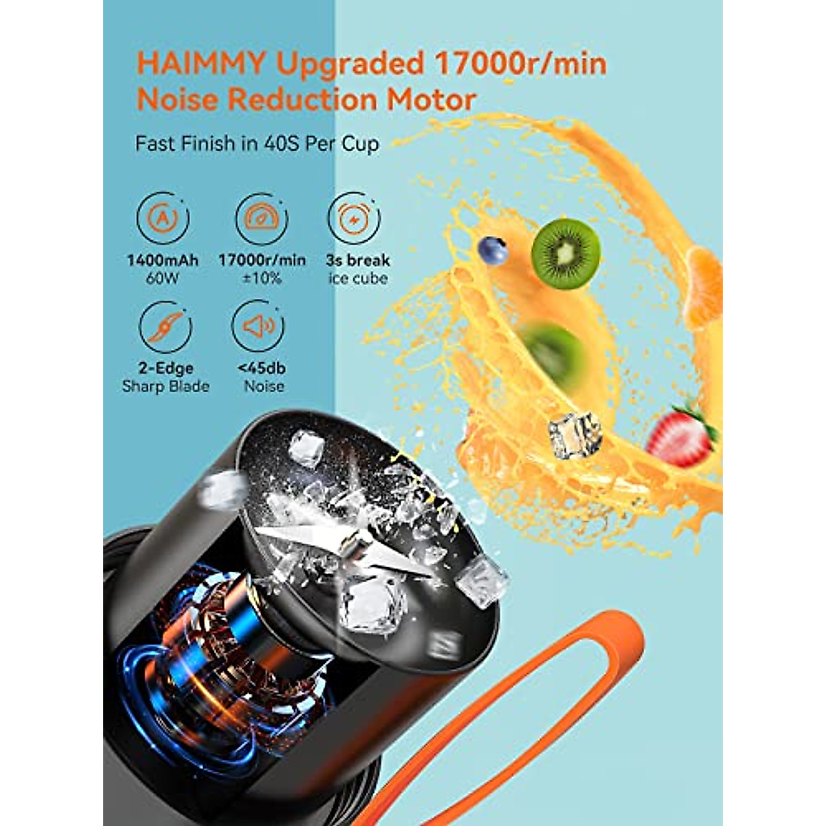 Portable Blender, Haimmy Stainless Steel Personal Blender for Smoothies and Shakes One-handed Fresh Juice Blender Cup USB Charging Mini Blender Ice Crusher for Gym, Travel, Office