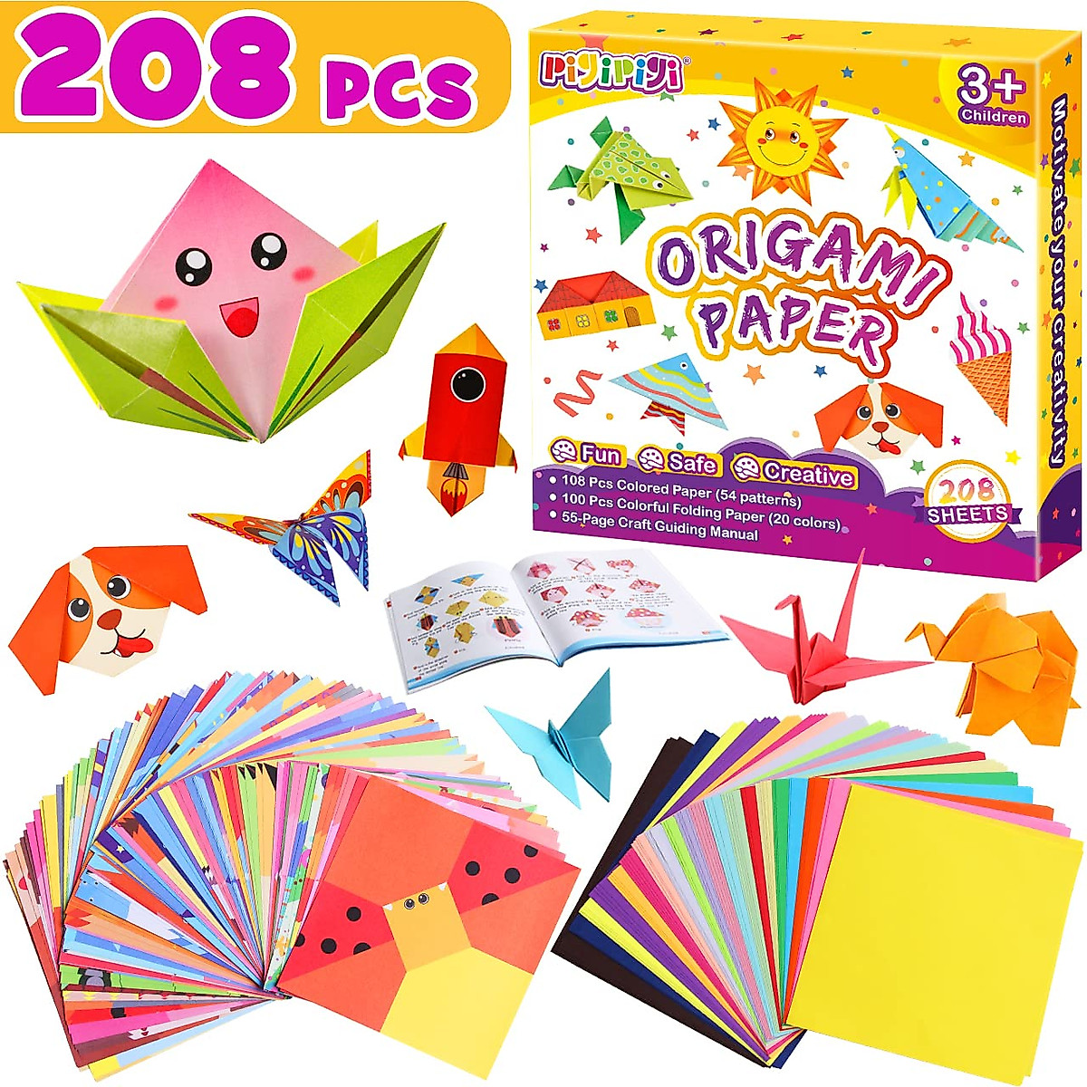 pigipigi Craft Origami Paper for Kids - 208 Sheets Vivid Colorful Folding Papers Art Projects Kit for 5 6 7 8 9 10 11 12 Years Old Girl Boy Teen Birthday Gift Preschool Educational Toy