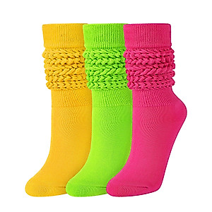 JOCMIC Slouch Socks for Woman 3 Pairs Women Scrunch Socks Extra Long Knee High Slouchy Socks Size 6-11 yellow+green+rose red