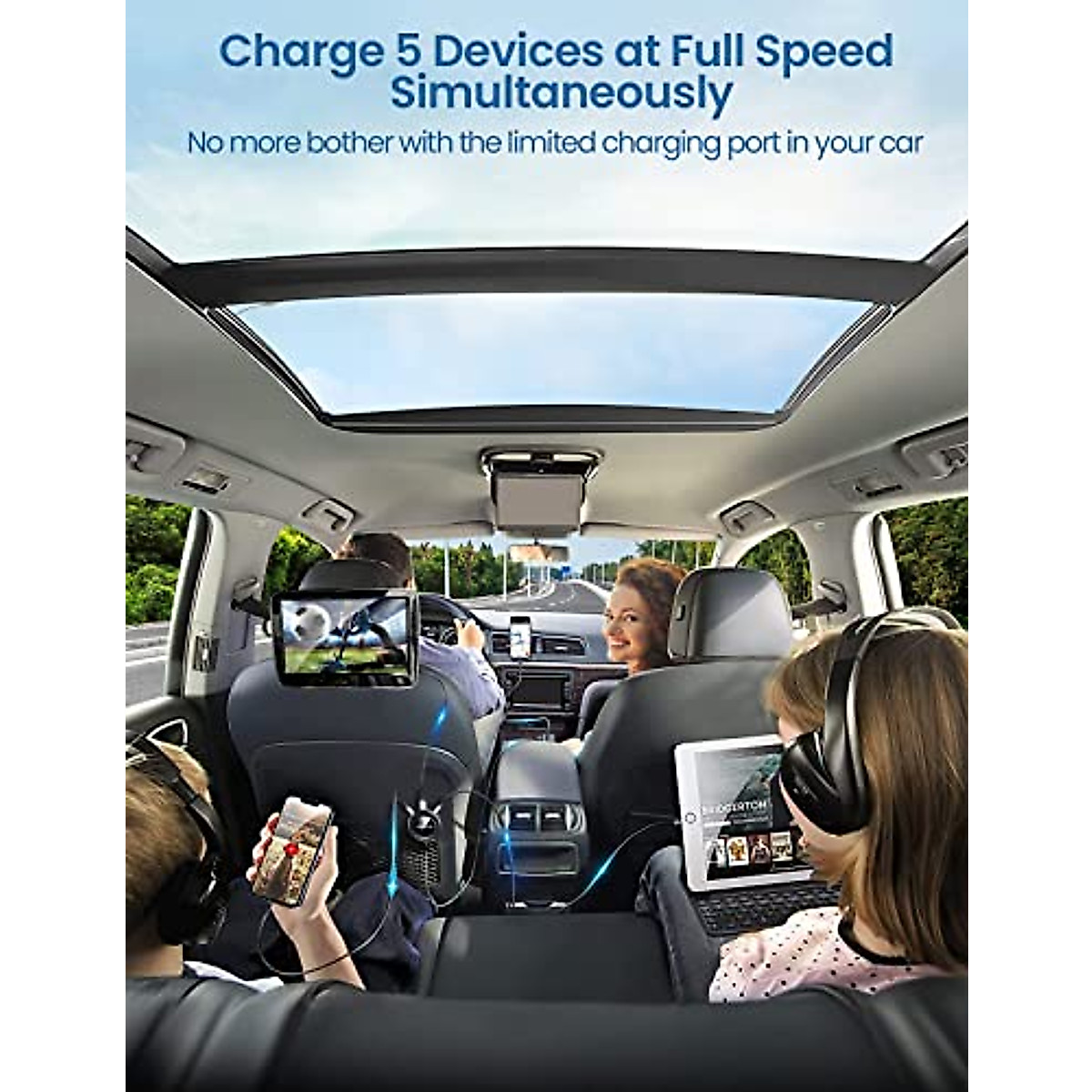 MOKPR 5 Multi USB Car Charger, 98W Fast Car Charger Adapter for Multiple Devices, PD & QC3.0 Cigarette Lighter Adapter Car Cell Phone Charger with 5FT Cable for iPhone 14/13 iPad Samsung Android